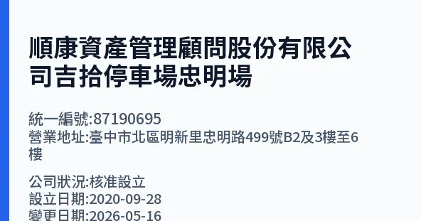 順康資產管理顧問股份有限公司吉拾停車場忠明場的照片-統編 87190695(臺中市) 公司登記資料與營業項目詳細圖表