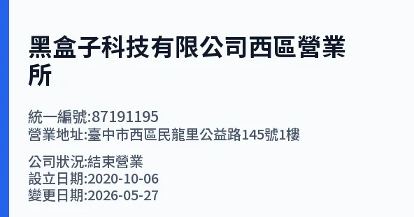 黑盒子科技有限公司西區營業所的照片-統編 87191195(臺中市) 公司登記資料與營業項目詳細圖表