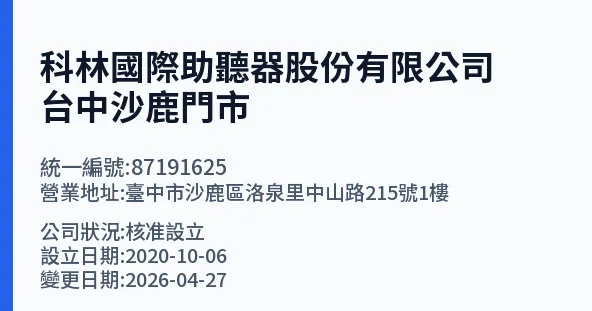 科林國際助聽器股份有限公司台中沙鹿門市的照片-統編 87191625(臺中市) 公司登記資料與營業項目詳細圖表