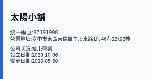 太陽小舖的照片-統編 87191998(臺中市) 公司登記資料與營業項目詳細圖表