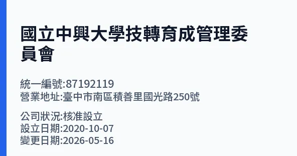 國立中興大學技轉育成管理委員會的照片-統編 87192119(臺中市) 公司登記資料與營業項目詳細圖表