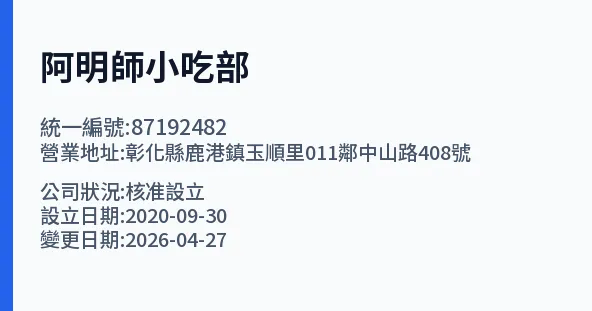 阿明師小吃部的照片-統編 87192482(彰化縣) 公司登記資料與營業項目詳細圖表