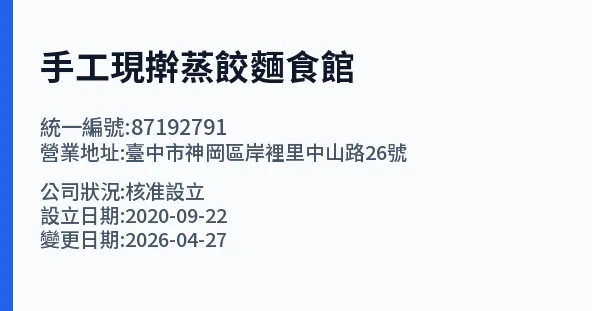 手工現擀蒸餃麵食館的照片-統編 87192791(臺中市) 公司登記資料與營業項目詳細圖表