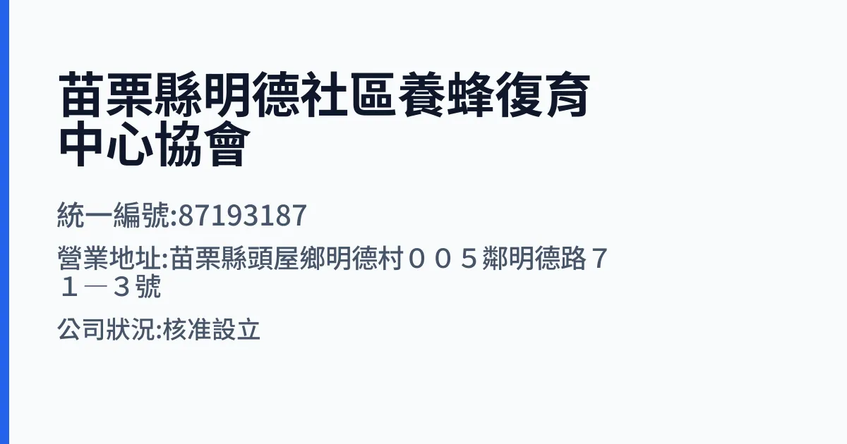 苗栗縣明德社區養蜂復育中心協會 - 統編 87193187(苗栗縣) 公司登記資料與營業項目詳細圖表
