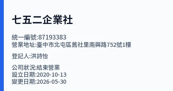 七五二企業社的照片-統編 87193383(臺中市) 公司登記資料與營業項目詳細圖表