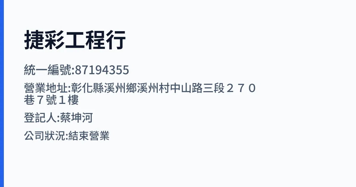 捷彩工程行 - 統編 87194355(彰化縣) 公司登記資料與營業項目詳細圖表
