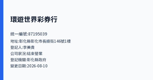 環遊世界彩券行的照片-統編 87195039(彰化縣) 公司登記資料與營業項目詳細圖表