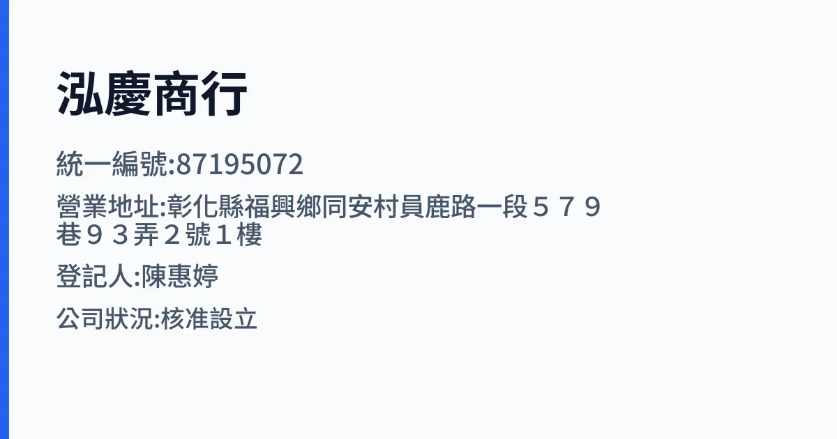 泓慶商行 - 統編 87195072(彰化縣) 公司登記資料與營業項目詳細圖表