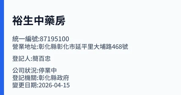裕生中藥房的照片-統編 87195100(彰化縣) 公司登記資料與營業項目詳細圖表