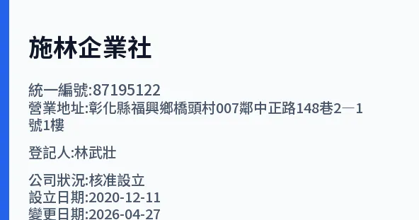 施林企業社的照片-統編 87195122(彰化縣) 公司登記資料與營業項目詳細圖表