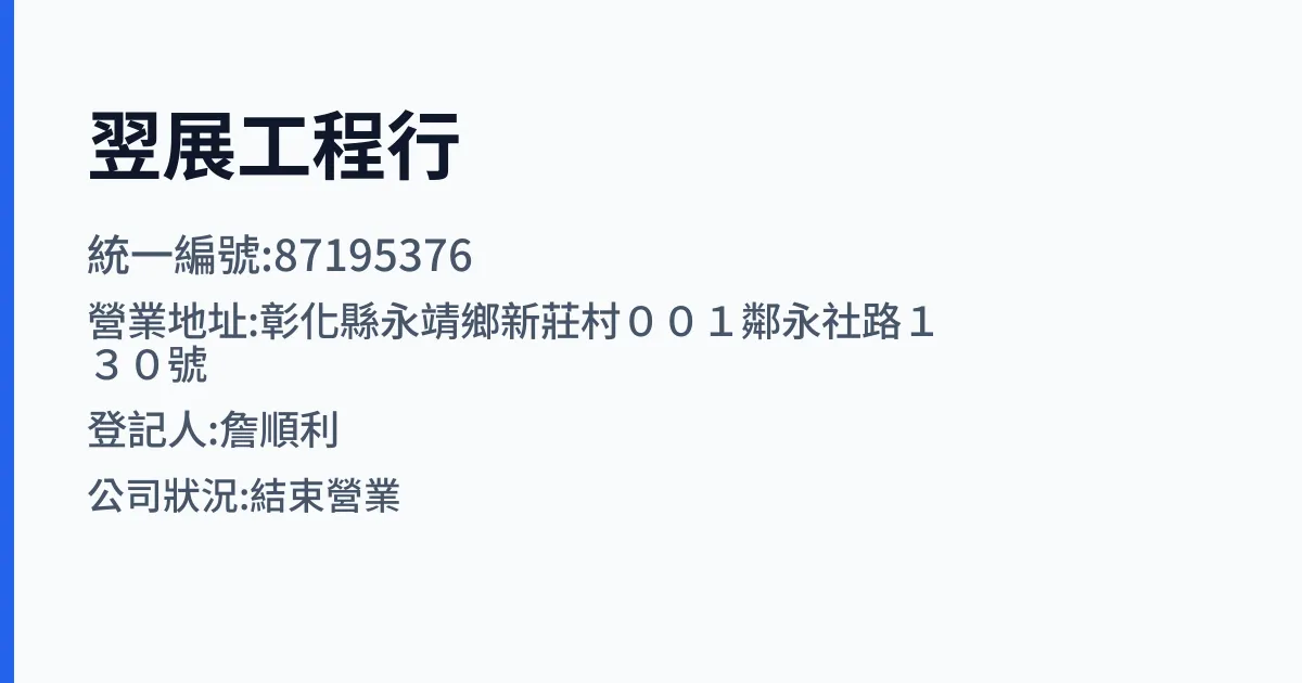 翌展工程行 - 統編 87195376(彰化縣) 公司登記資料與營業項目詳細圖表