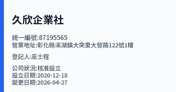 久欣企業社的照片-統編 87195565(彰化縣) 公司登記資料與營業項目詳細圖表