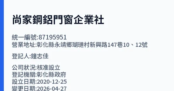 尚家鋼鋁門窗企業社的照片-統編 87195951(彰化縣) 公司登記資料與營業項目詳細圖表