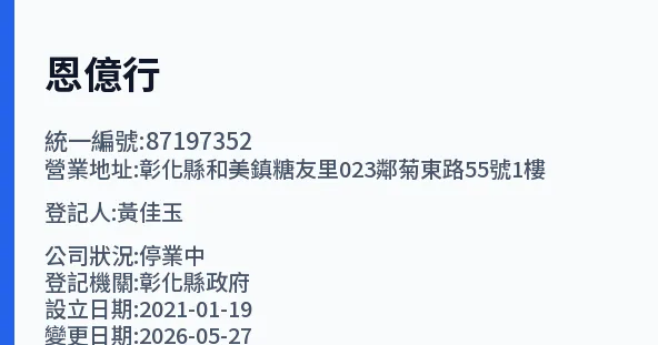 恩億行的照片-統編 87197352(彰化縣) 公司登記資料與營業項目詳細圖表