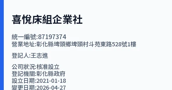 喜悅床組企業社的照片-統編 87197374(彰化縣) 公司登記資料與營業項目詳細圖表