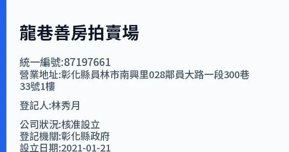 龍巷善房拍賣場的照片-統編 87197661(彰化縣) 公司登記資料與營業項目詳細圖表