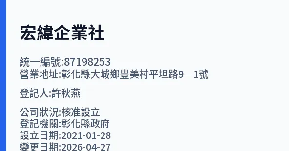 宏緯企業社的照片-統編 87198253(彰化縣) 公司登記資料與營業項目詳細圖表