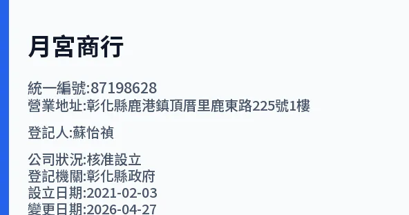 月宮商行的照片-統編 87198628(彰化縣) 公司登記資料與營業項目詳細圖表