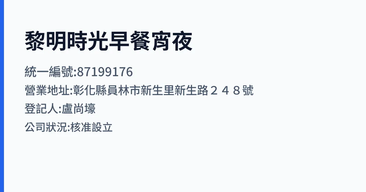 黎明時光早餐宵夜 - 統編 87199176(彰化縣) 公司登記資料與營業項目詳細圖表