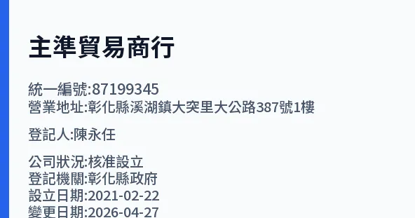 主準貿易商行的照片-統編 87199345(彰化縣) 公司登記資料與營業項目詳細圖表