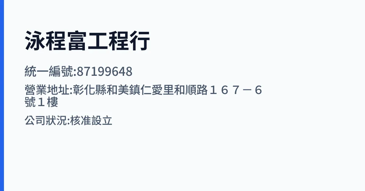 泳程富工程行 - 統編 87199648(彰化縣) 公司登記資料與營業項目詳細圖表