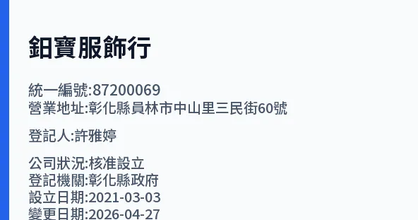 鈤寶服飾行的照片-統編 87200069(彰化縣) 公司登記資料與營業項目詳細圖表