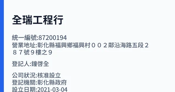 全瑞工程行的照片-統編 87200194(彰化縣) 公司登記資料與營業項目詳細圖表