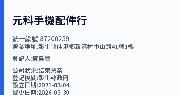 元科手機配件行的照片-統編 87200259(彰化縣) 公司登記資料與營業項目詳細圖表