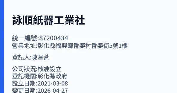 詠順紙器工業社的照片-統編 87200434(彰化縣) 公司登記資料與營業項目詳細圖表