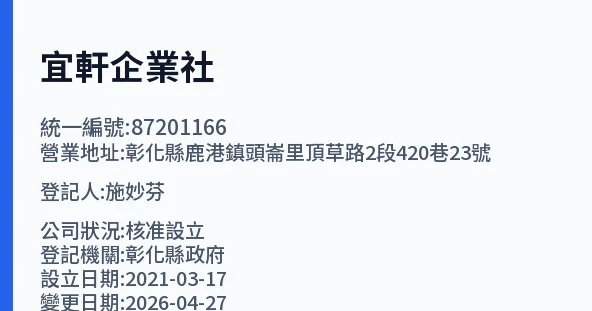 宜軒企業社的照片-統編 87201166(彰化縣) 公司登記資料與營業項目詳細圖表
