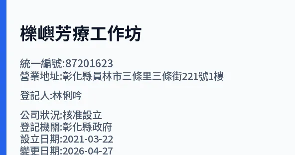 櫟嶼芳療工作坊的照片-統編 87201623(彰化縣) 公司登記資料與營業項目詳細圖表