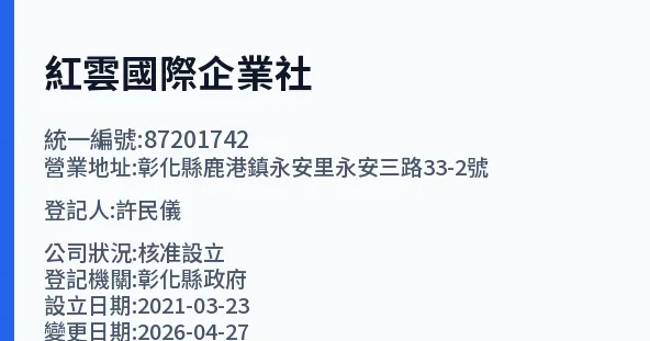 紅雲國際企業社的照片-統編 87201742(彰化縣) 公司登記資料與營業項目詳細圖表