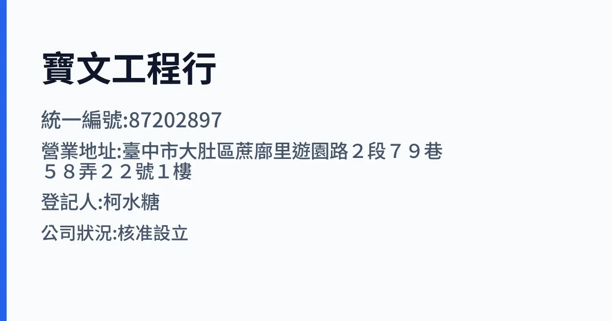 寶文工程行 - 統編 87202897(彰化縣) 公司登記資料與營業項目詳細圖表
