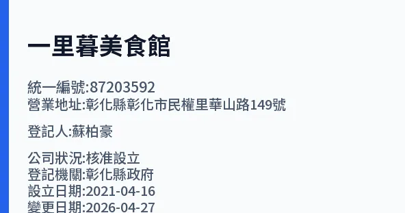 一里暮美食館的照片-統編 87203592(彰化縣) 公司登記資料與營業項目詳細圖表