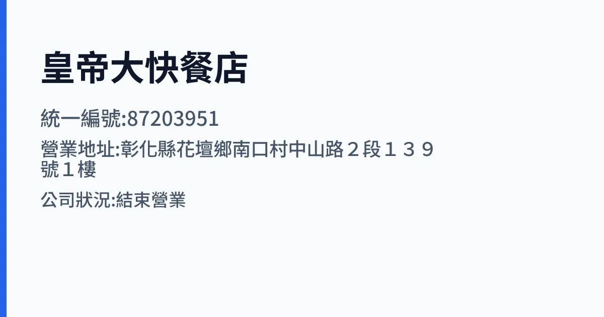 皇帝大快餐店 - 統編 87203951(彰化縣) 公司登記資料與營業項目詳細圖表