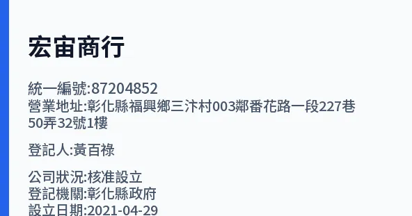 宏宙商行的照片-統編 87204852(彰化縣) 公司登記資料與營業項目詳細圖表