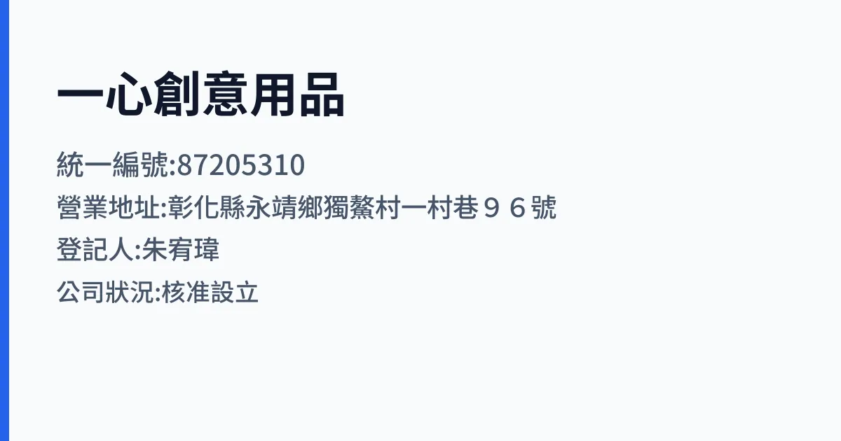 一心創意用品 - 統編 87205310(彰化縣) 公司登記資料與營業項目詳細圖表