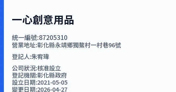 一心創意用品的照片-統編 87205310(彰化縣) 公司登記資料與營業項目詳細圖表