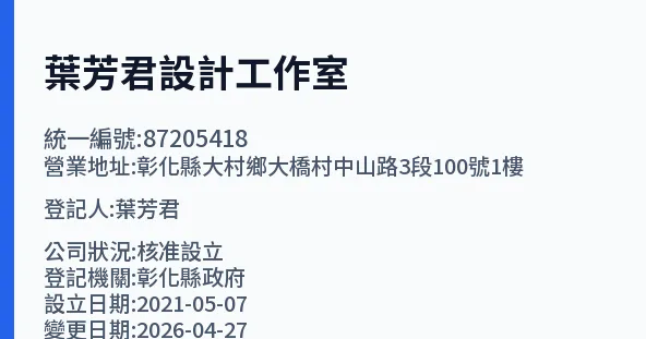 葉芳君設計工作室的照片-統編 87205418(彰化縣) 公司登記資料與營業項目詳細圖表