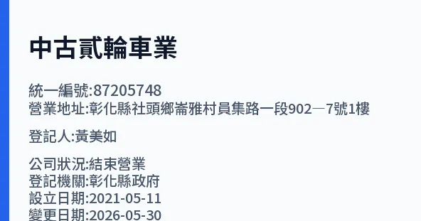 中古貳輪車業的照片-統編 87205748(彰化縣) 公司登記資料與營業項目詳細圖表