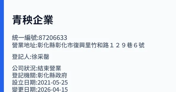 青秧企業的照片-統編 87206633(彰化縣) 公司登記資料與營業項目詳細圖表