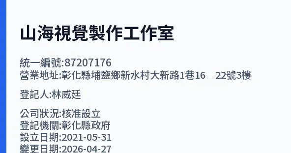 山海視覺製作工作室的照片-統編 87207176(彰化縣) 公司登記資料與營業項目詳細圖表