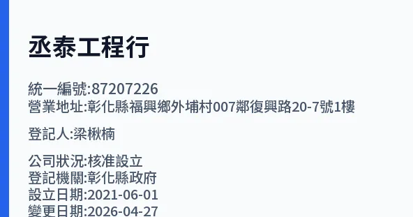 丞泰工程行的照片-統編 87207226(彰化縣) 公司登記資料與營業項目詳細圖表