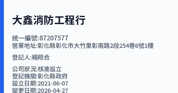 大鑫消防工程行的照片-統編 87207577(彰化縣) 公司登記資料與營業項目詳細圖表
