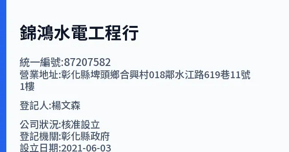 錦鴻水電工程行的照片-統編 87207582(彰化縣) 公司登記資料與營業項目詳細圖表
