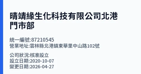 晴靖緣生化科技有限公司北港門市部的照片-統編 87210545(雲林縣) 公司登記資料與營業項目詳細圖表