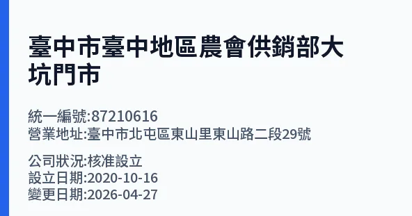 臺中市臺中地區農會供銷部大坑門市的照片-統編 87210616(臺中市) 公司登記資料與營業項目詳細圖表