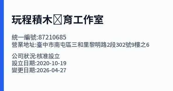 玩程積木敎育工作室的照片-統編 87210685(臺中市) 公司登記資料與營業項目詳細圖表
