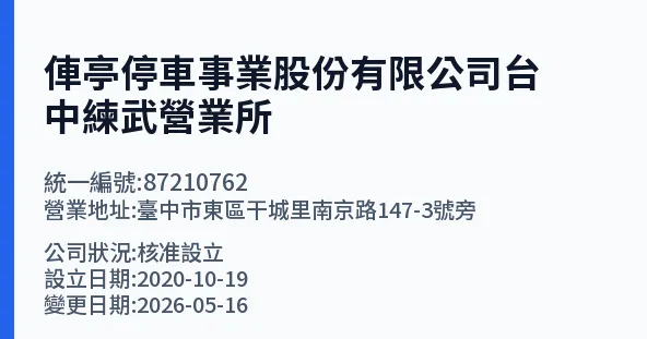 俥亭停車事業股份有限公司台中練武營業所的照片-統編 87210762(臺中市) 公司登記資料與營業項目詳細圖表
