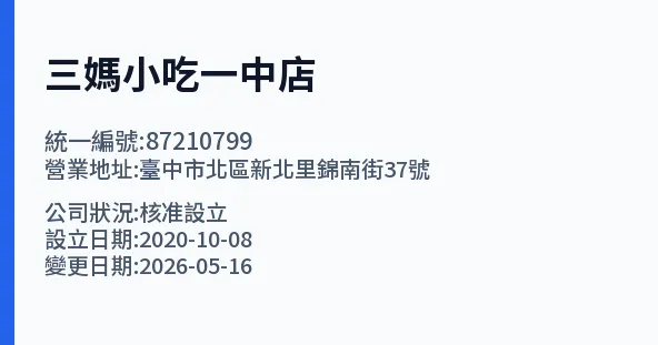 三媽小吃一中店的照片-統編 87210799(臺中市) 公司登記資料與營業項目詳細圖表